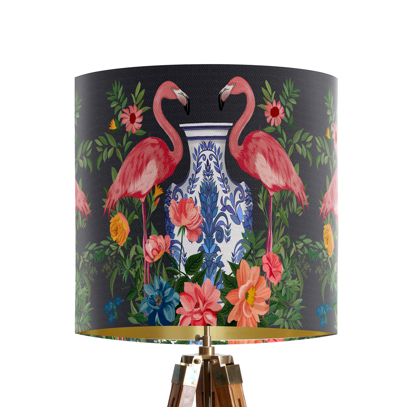 Chinoiserie Lampshade, Flamingo Twins on Charcoal, Bird Drum Shade, Ce ...