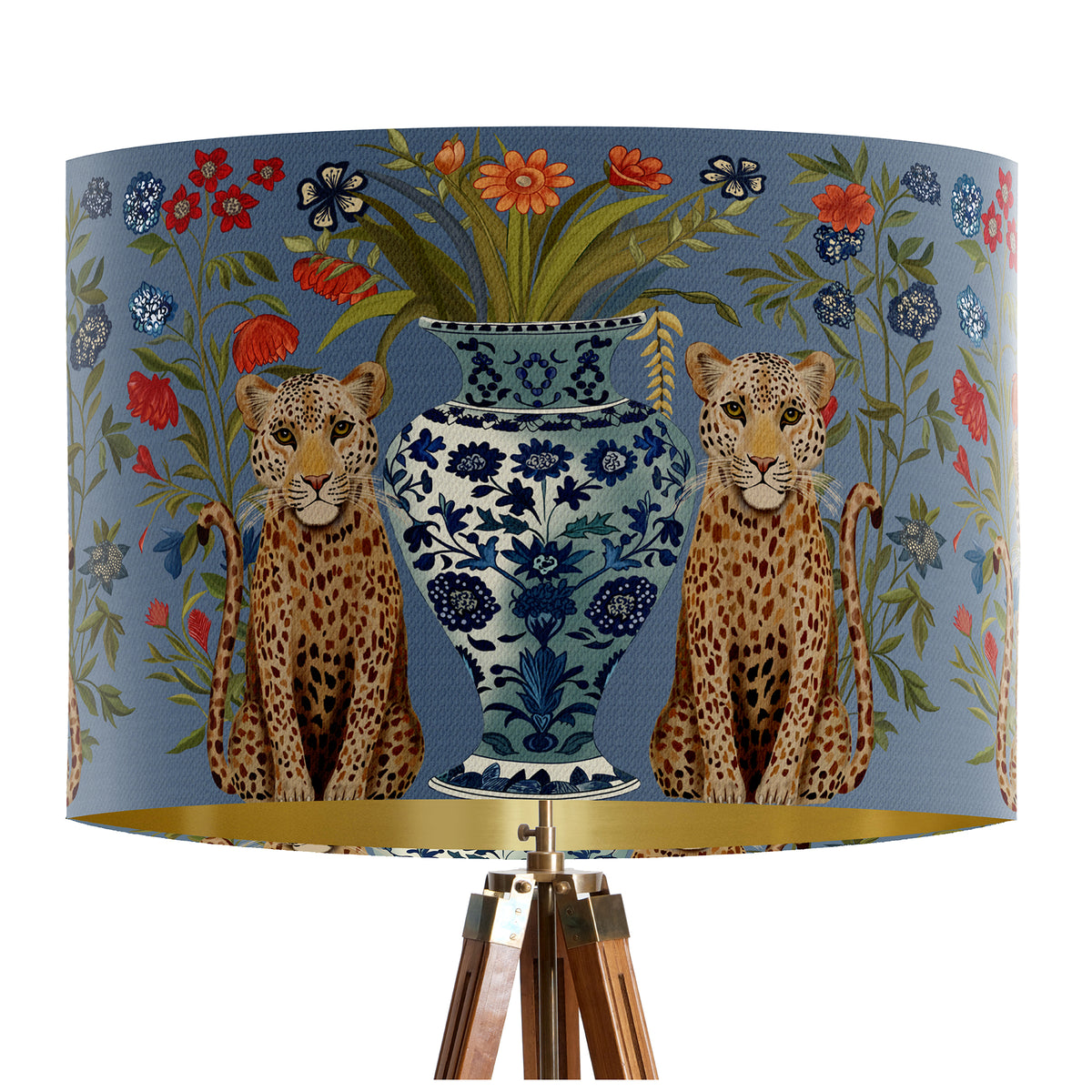 Chinoiserie Lampshade, Leopard Bouquet Twins on Blue, Drum, Ceiling Pe ...