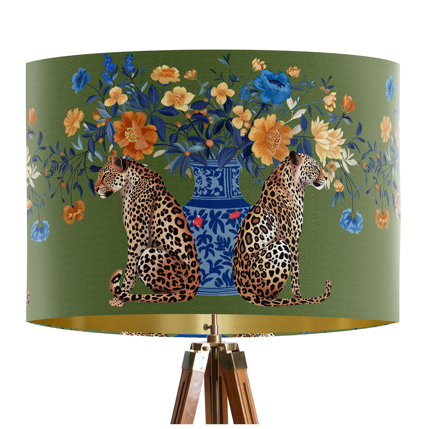 Chinoiserie Lampshade, Leopard with Blue Vase on Green, Drum, Ceiling ...