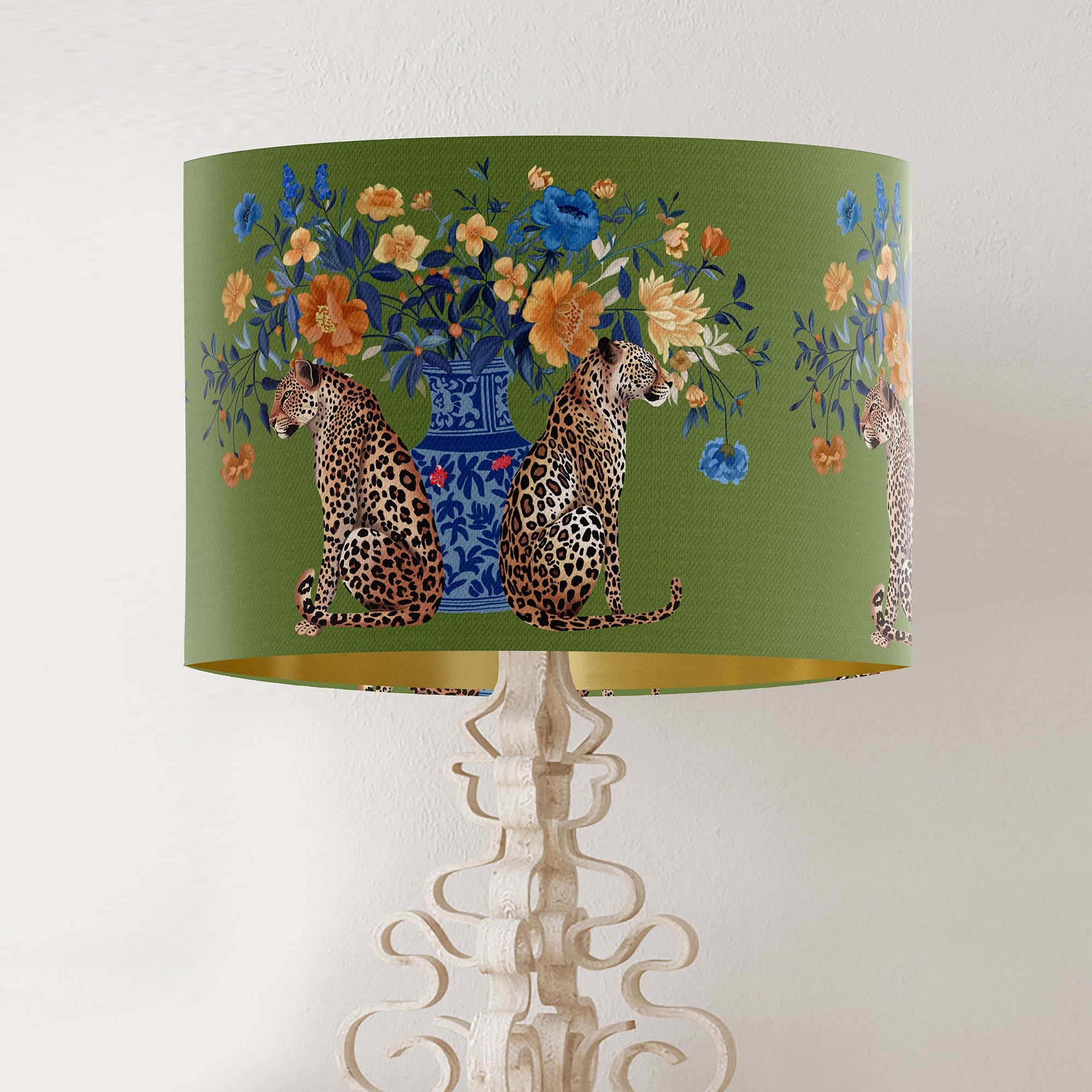 Chinoiserie Lampshade, Leopard with Blue Vase on Green, Drum, Ceiling ...