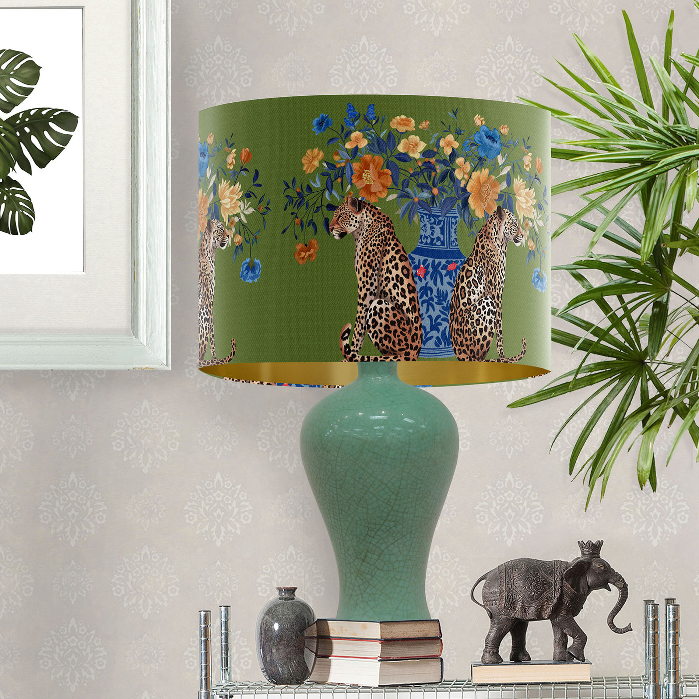 Chinoiserie Lampshade, Leopard with Blue Vase on Green, Drum, Ceiling ...