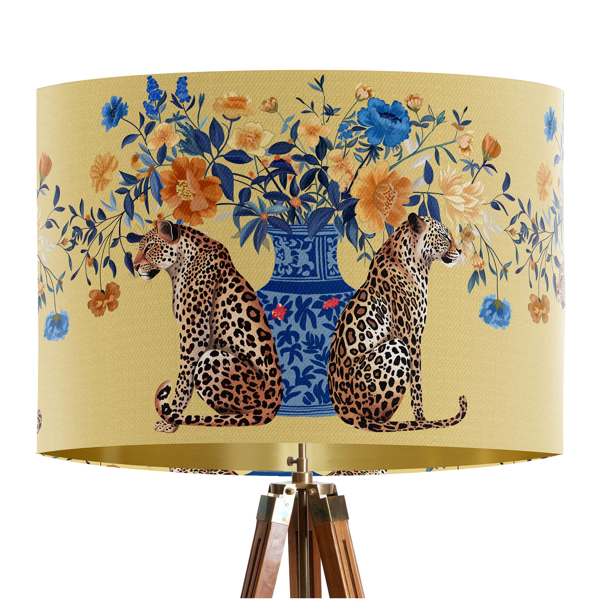 Chinoiserie Lampshade, Leopard with Blue Vase on Gold, Drum, Ceiling P ...