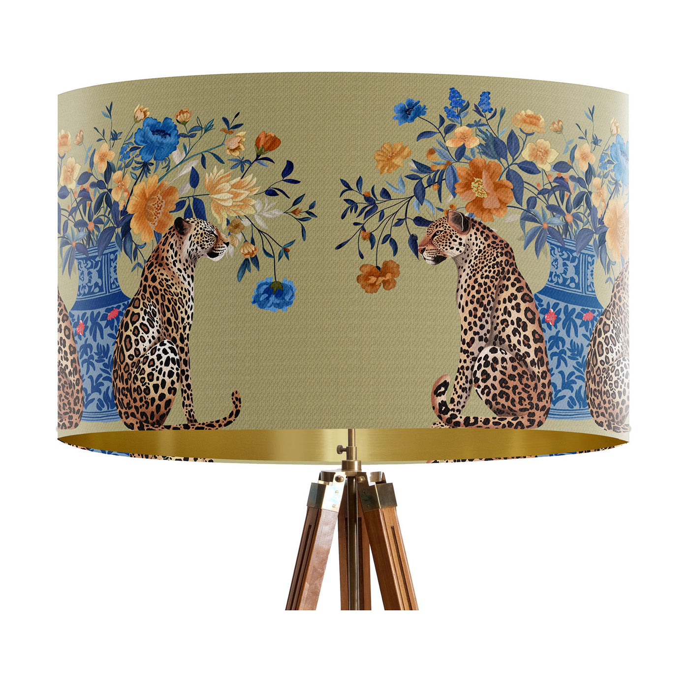 Chinoiserie Lampshade, Leopard with Blue Vase on Gold, Drum, Ceiling P ...