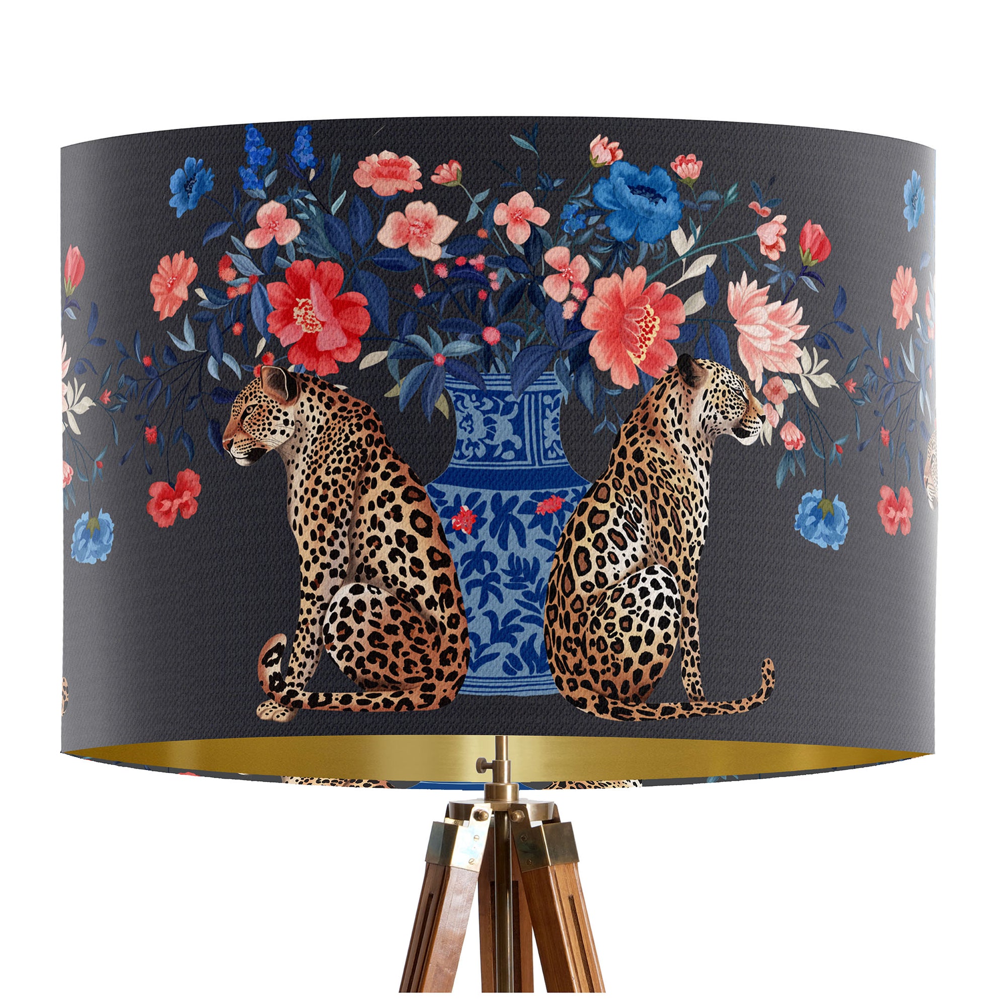 Chinoiserie Lampshade, Leopard with Blue Vase on Charcoal, Drum, Ceili ...