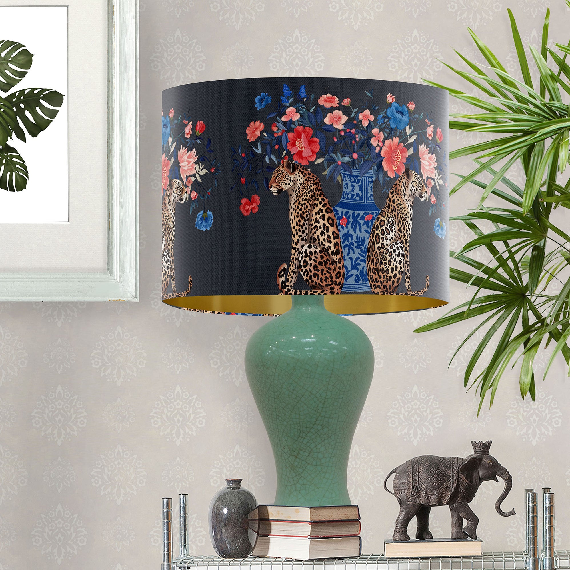 Chinoiserie Lampshade, Leopard with Blue Vase on Charcoal, Drum, Ceili ...