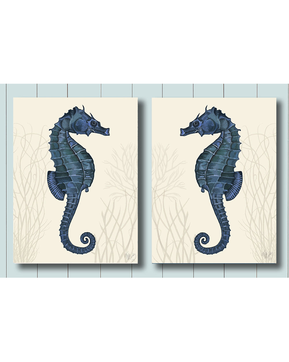 Collection - 2 Prints, Blue Seahorses on Cream, Nautical print, Coasta ...