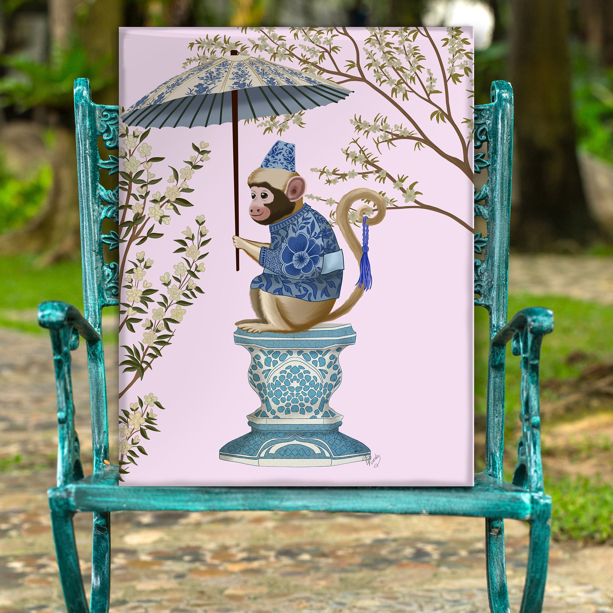 Monkey On Plinth 1, Chinoiserie Art Print, Canvas art — FabFunky