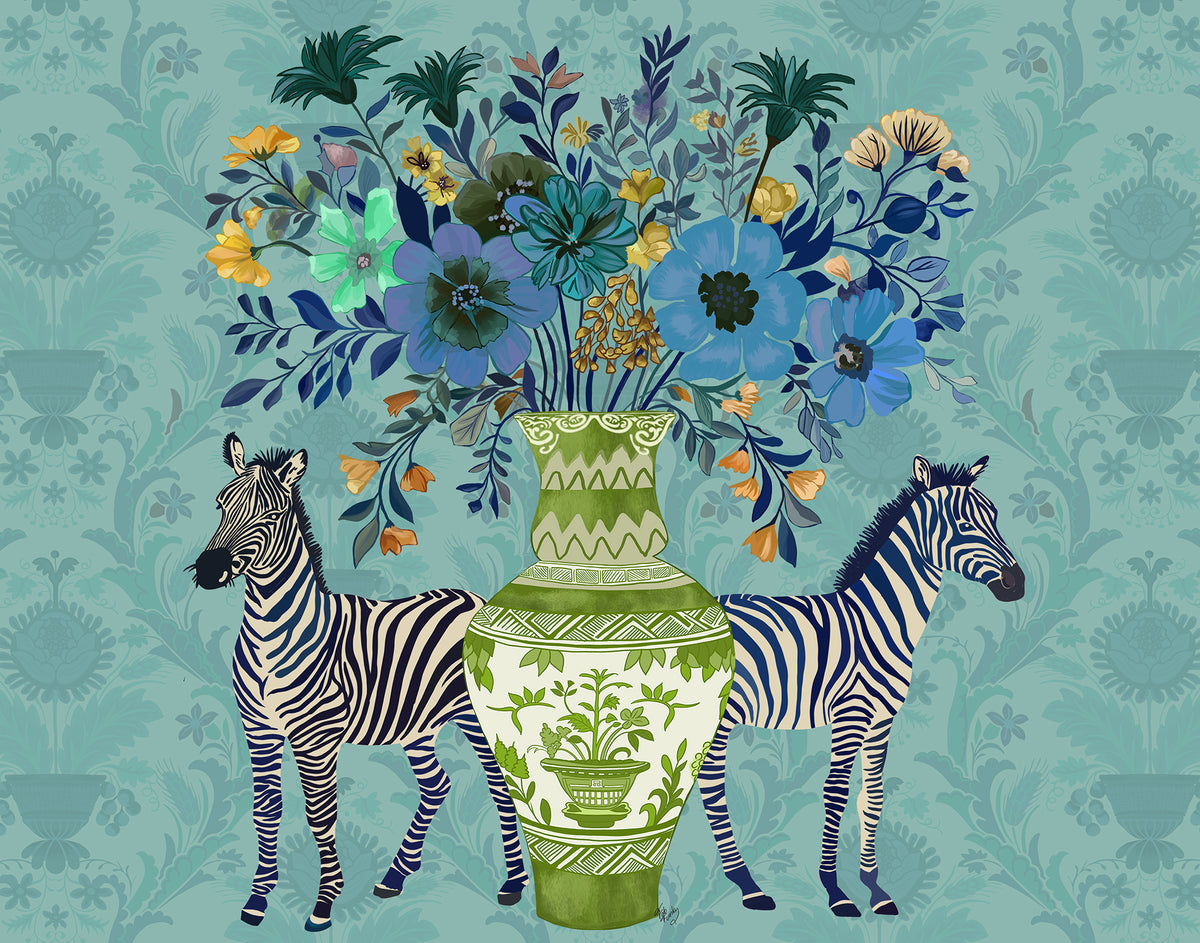 Chinoiserie Zebra Twins on Aquamarine, Art Print, Canvas art — FabFunky