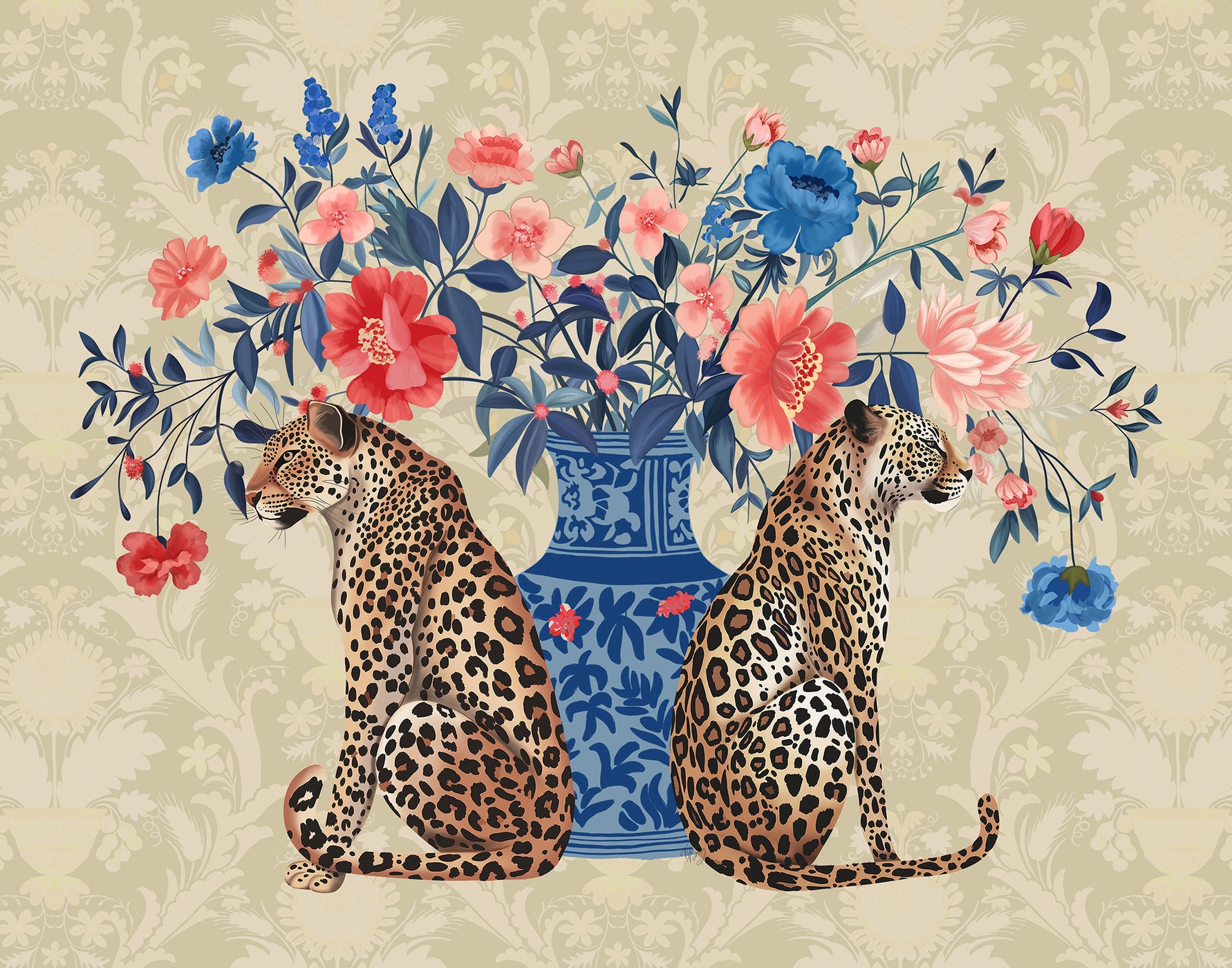 Chinoiserie Leopards and Blue Vase Art Print, Canvas art — FabFunky