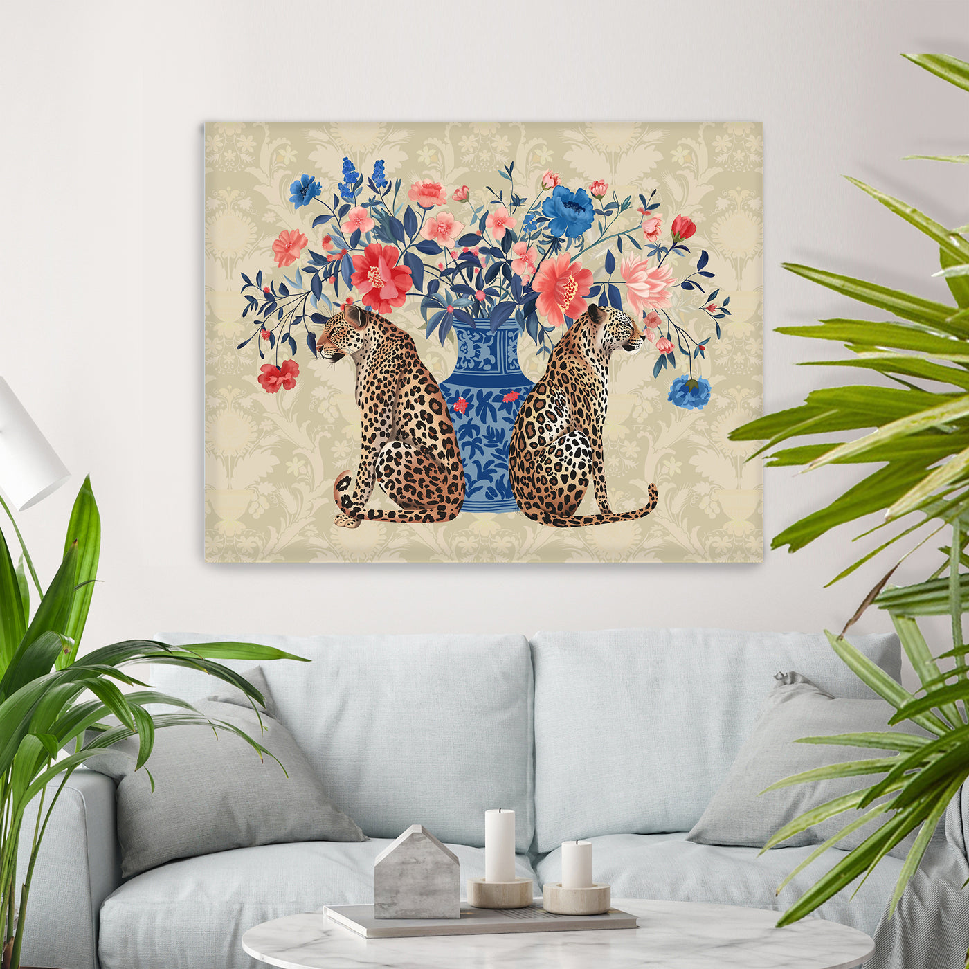 Chinoiserie Leopards and Blue Vase Art Print, Canvas art — FabFunky