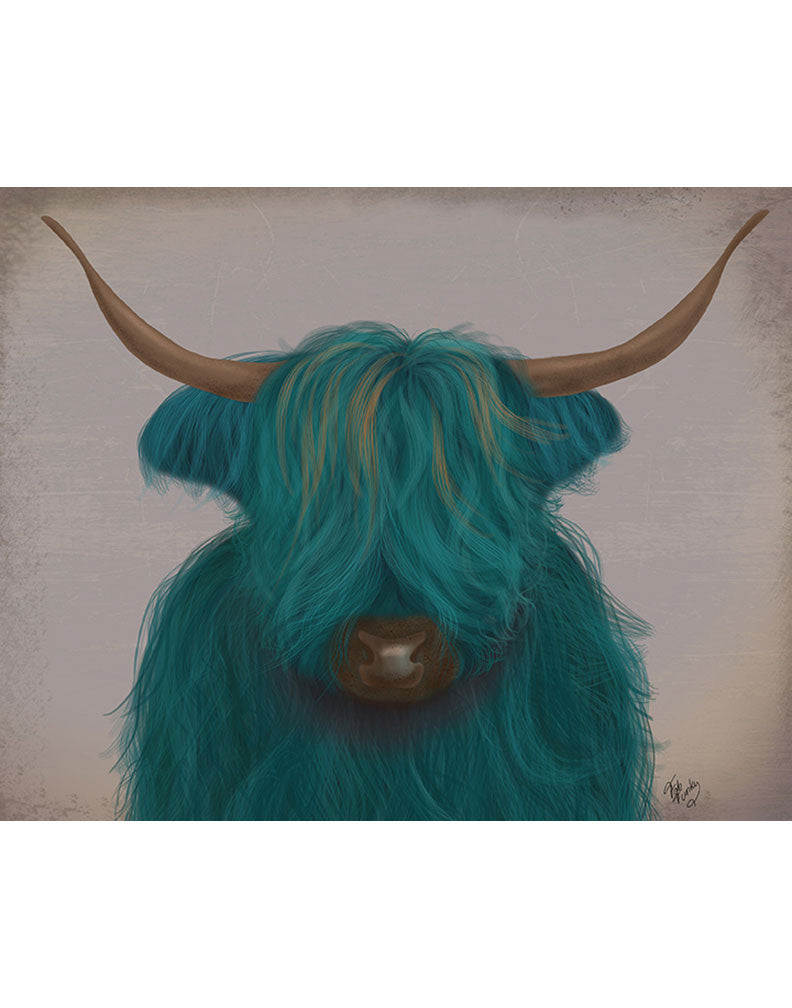 Highland Cow 3, Turquoise, Portrait, Animal Art Print — FabFunky