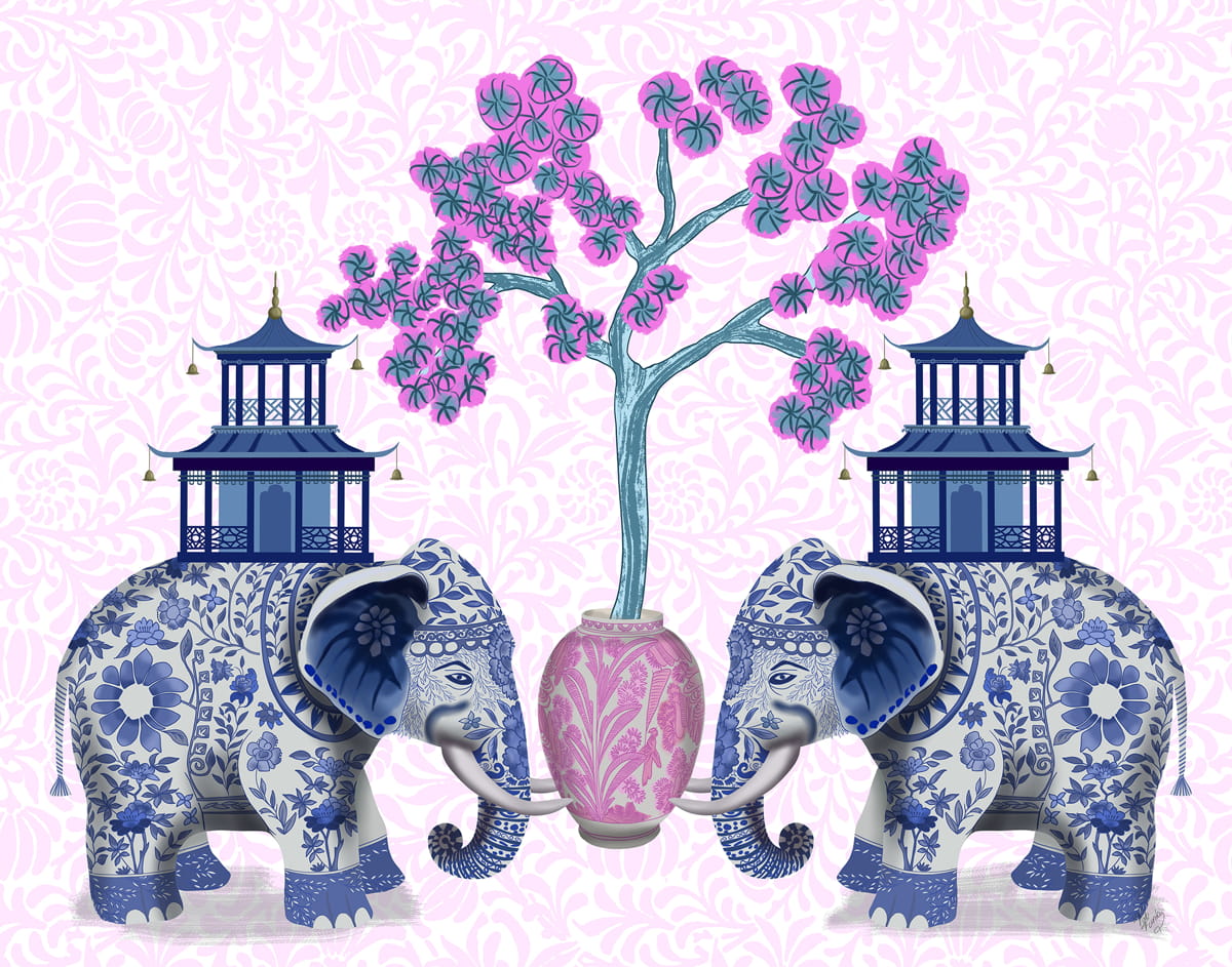 Chinoiserie Elephants and Cherry Blossom, Art Print, Canvas art — FabFunky