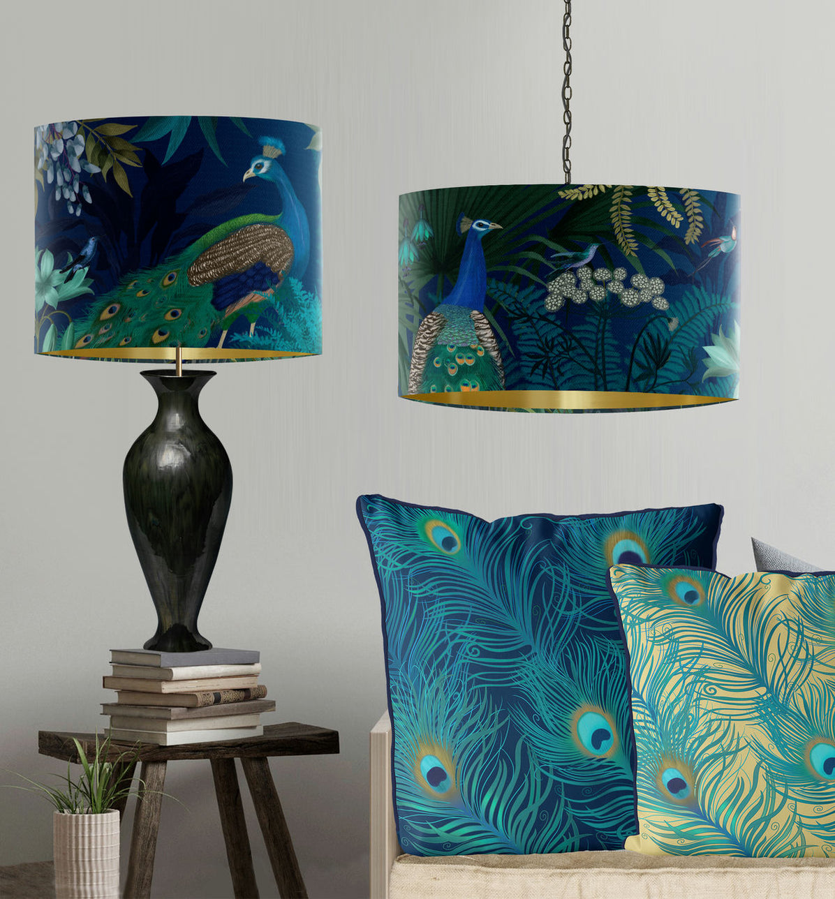 Peacock Garden, Blue, Gold lined lamp shade, Drum, Pendant Lighting ...